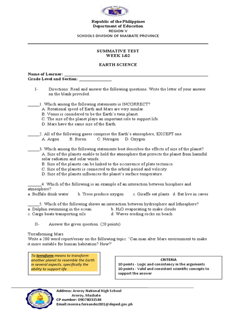 Earth Science Summative Test Week 1-2 | PDF | Earth | Atmosphere