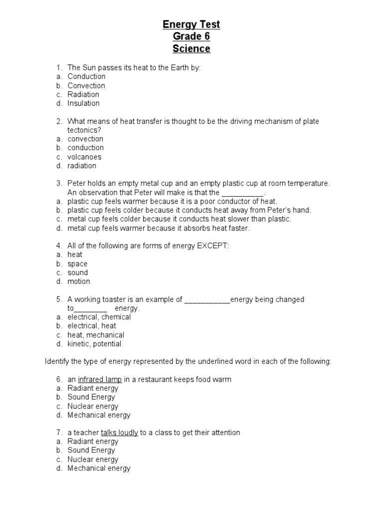 Energy Test Grade 6 Science | PDF | Heat | Thermal Conduction