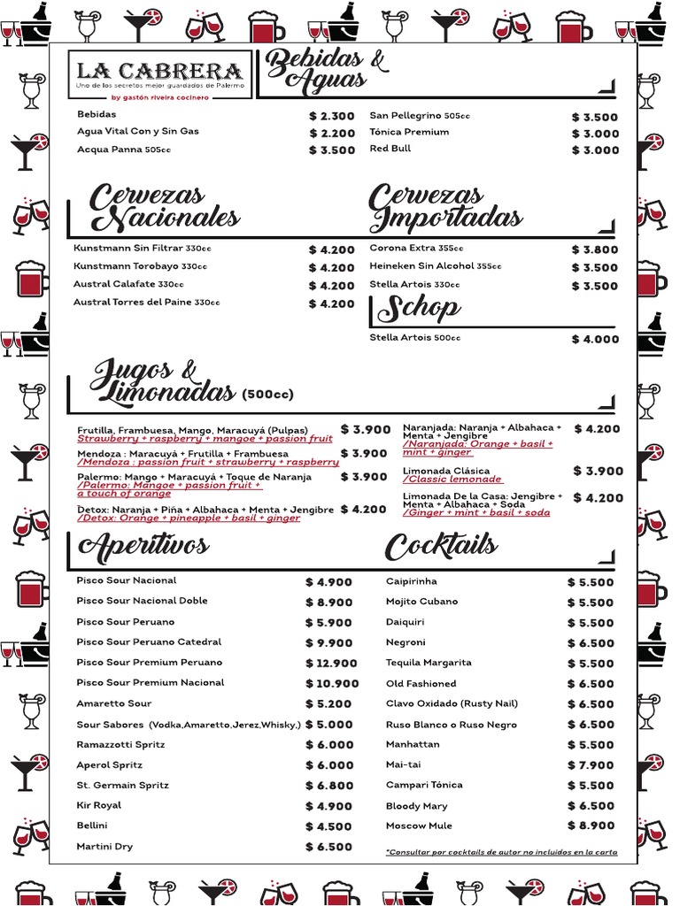 Menú y Precios La Cabrera 2023 | PDF | Uva | Vino