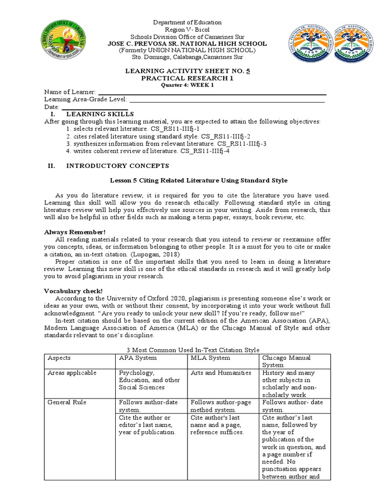 Learning Activity Sheet No. 5 Practical Research 1: Jose C. Prevosa Sr ...