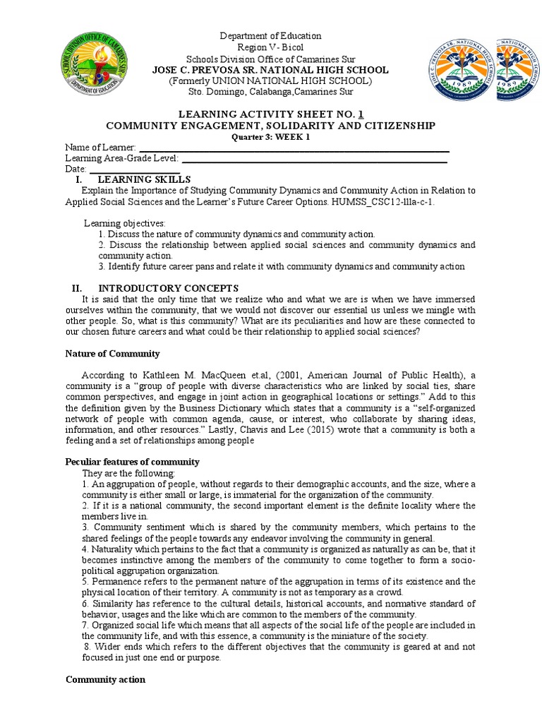 Learning Activity Sheet No. 1 Community Engagement, Solidarity and ...