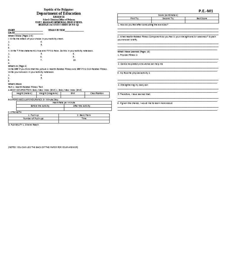Answer Sheet in Pe m1 Sy21 22 | Descargar gratis PDF | Physical Education | Body Mass Index