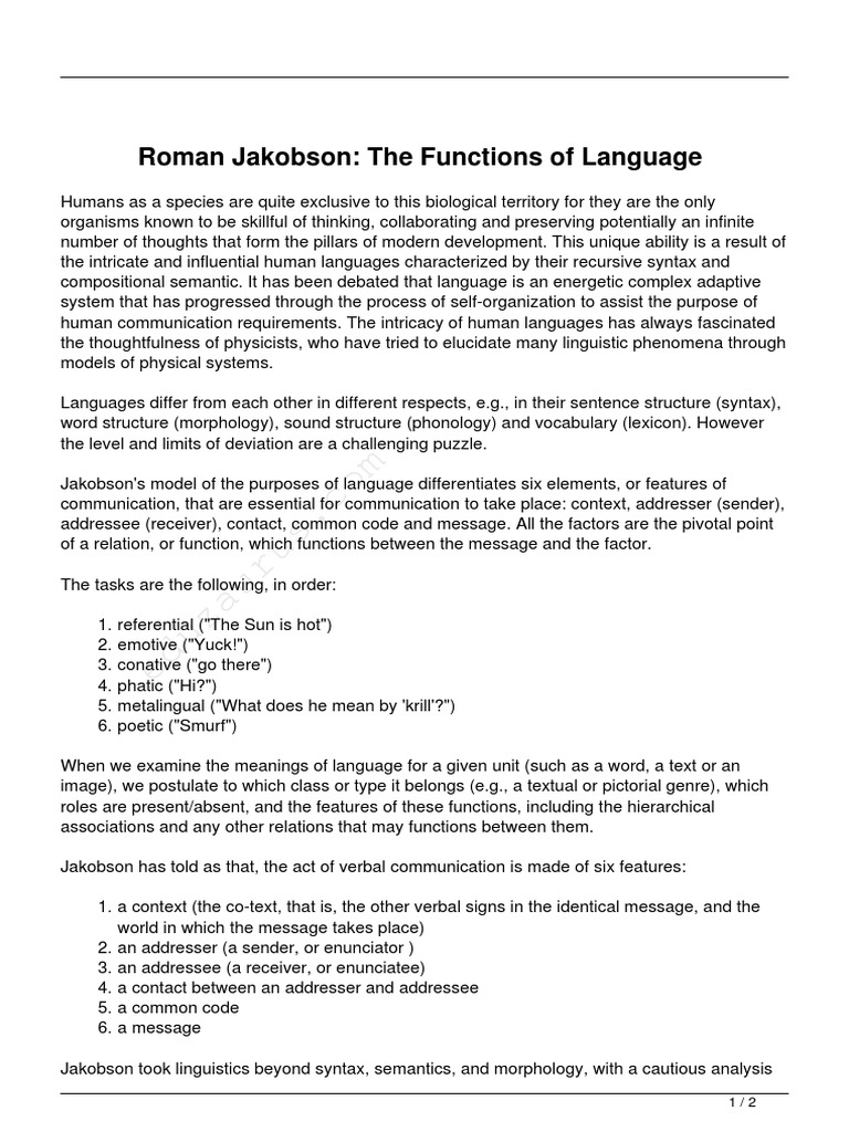 Roman Jakobson: The Functions of Language | PDF | Communication ... Roman Jakobson: The Functions of Language | PDF | Communication ...