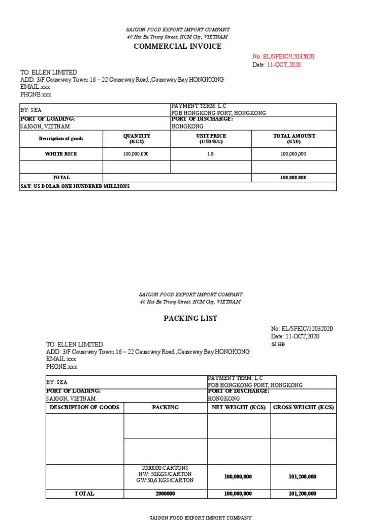 Export Packing List and Invoice Sample | PDF | Economies
