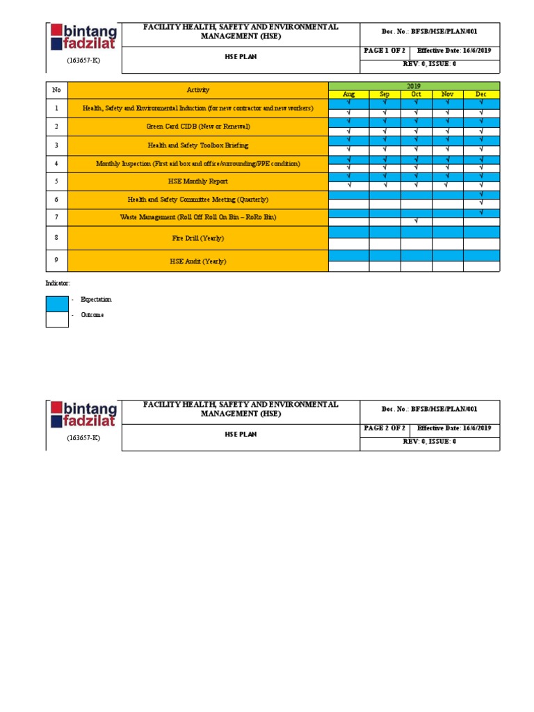 Jadual Hse 2019 | PDF | Safety | Occupational Safety And Health