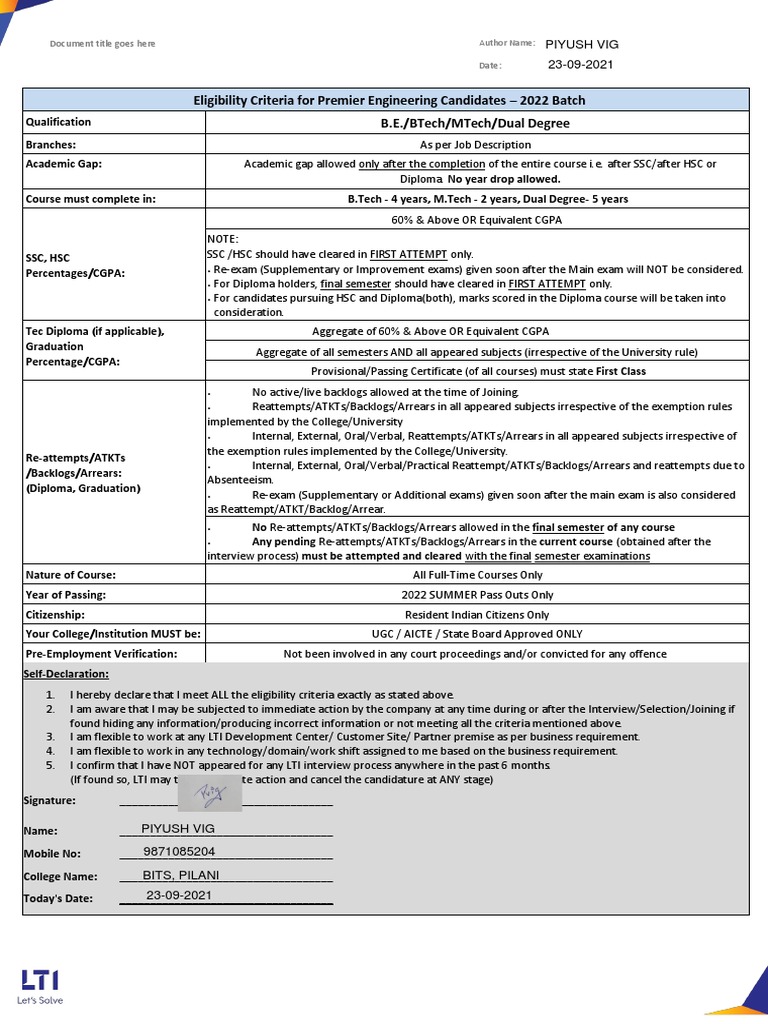 Eligibility Criteria For Premier Engineering Candidates - 2022 Batch B ...