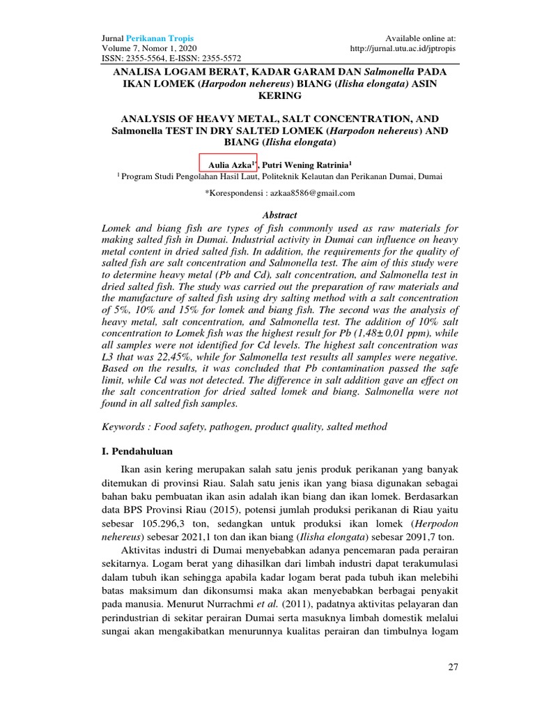 ANALISA LOGAM BERAT, KADAR GARAM DAN Salmonella PADA IKAN LOMEK ...