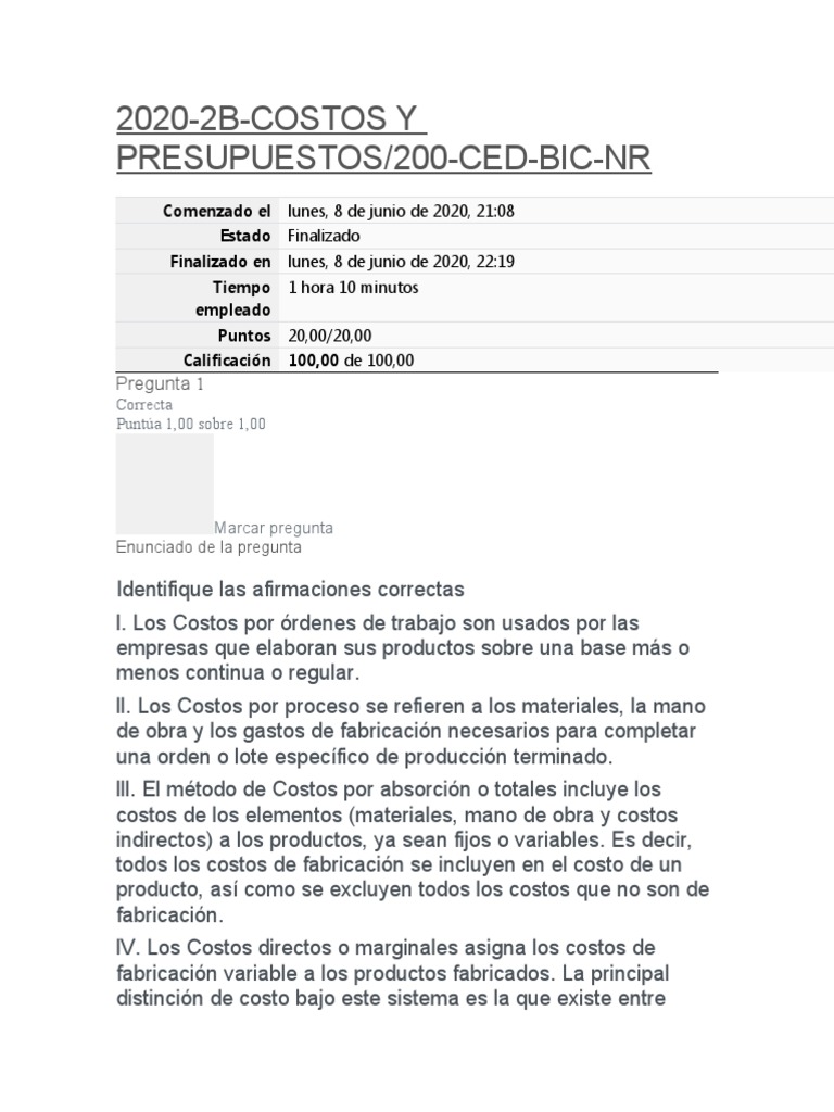 Prueba 1 Costos y Presupuestos | PDF | Presupuesto | Costo