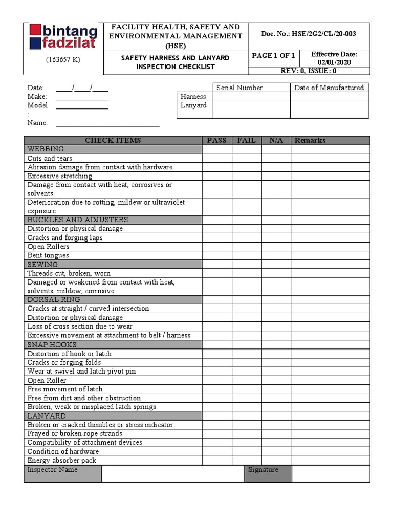 HSE - Safety Harness & Lanyard Inspection Checklist (Rev0) | PDF