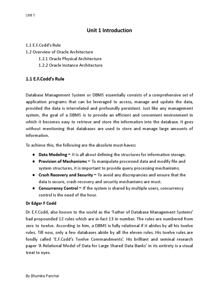Unit 1 Introduction Of Oracle Pdf Relational Database Databases