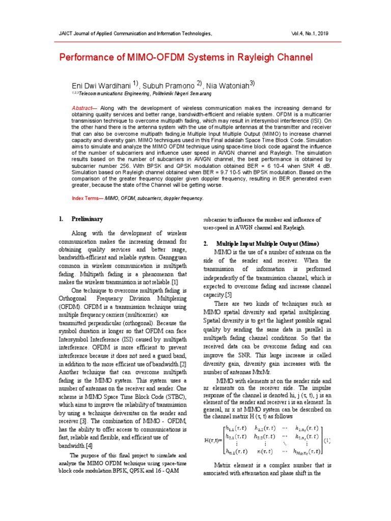 Performance of MIMO-OFDM Systems in Rayleigh Channel: Eni Dwi Wardihani, Subuh Pramono, Nia ...