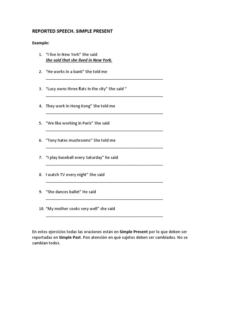 Reported Speech: Simple Present Exercises | PDF | Finance & Money ...