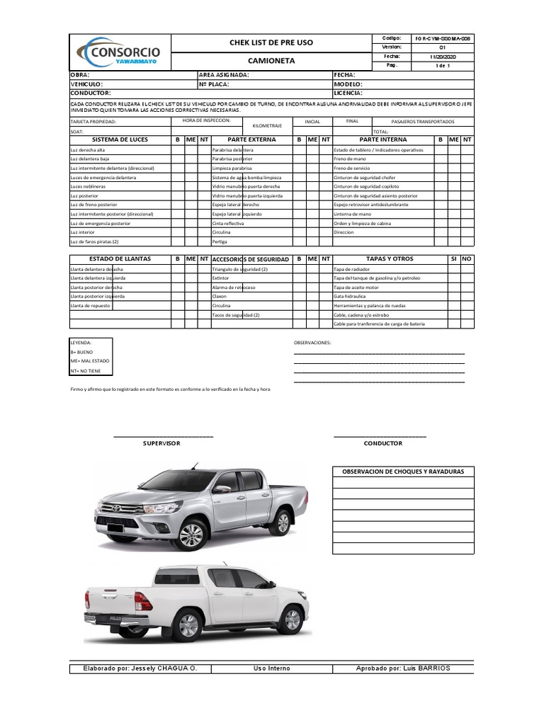 For-CYM-SSOMA-008 Check List para Camioneta | PDF | Vehículos de ruedas ...