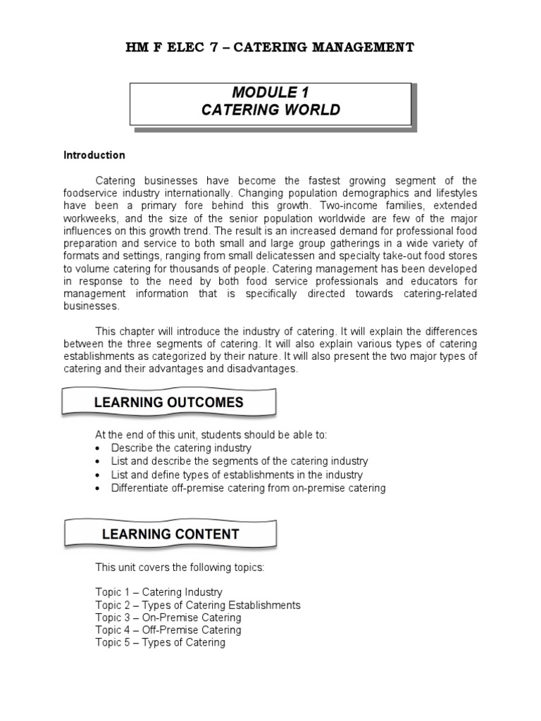 Catering Module 1 (Word) | PDF | Restaurants | Foodservice