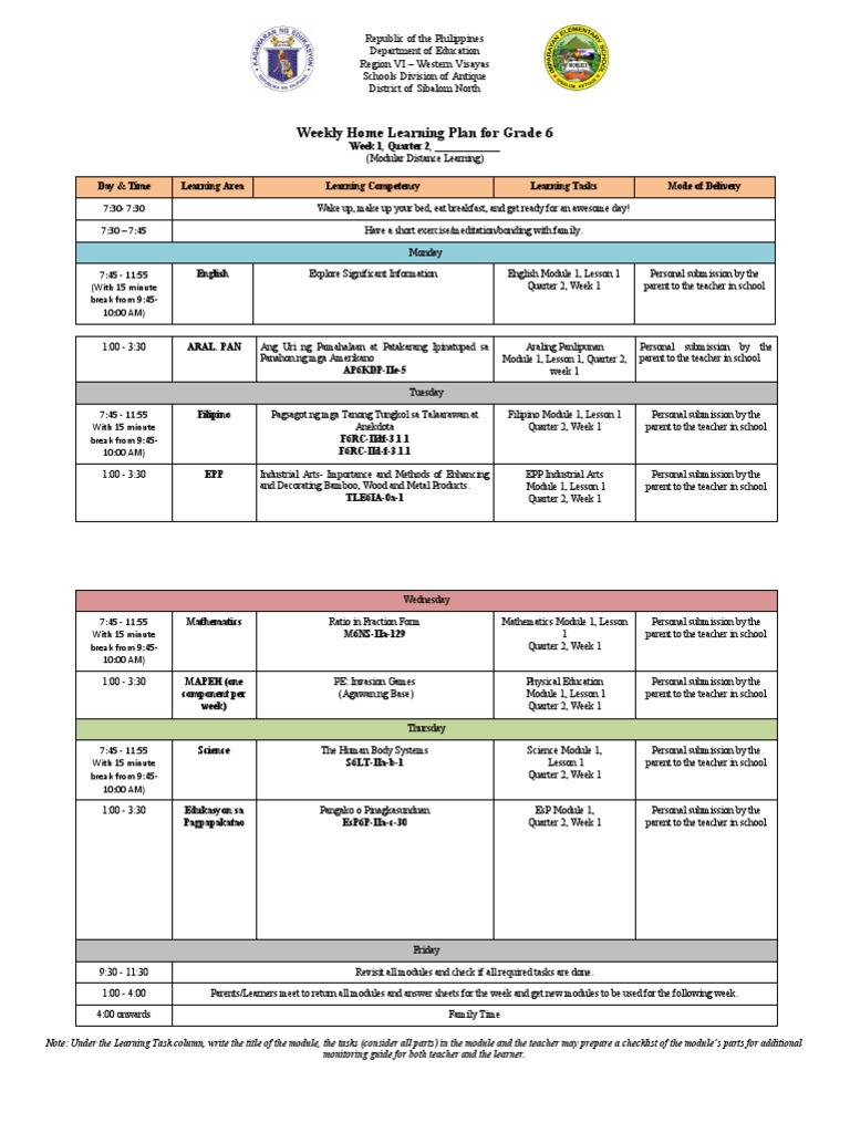 Weekly Home Learning Plan For Grade 6 | PDF | Teachers | Pedagogy