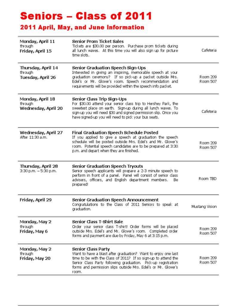 Class of 2011 Senior Events | PDF