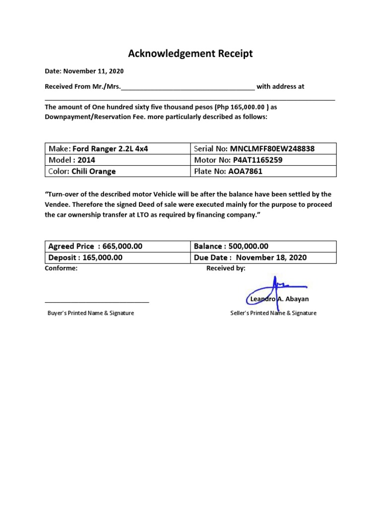 Acknowledgement Receipt of Motor Vehicle | PDF