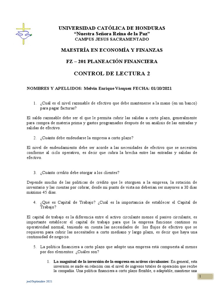 Control de Lectura 2 Melvin Vasquez | PDF | Capital de trabajo | Deuda
