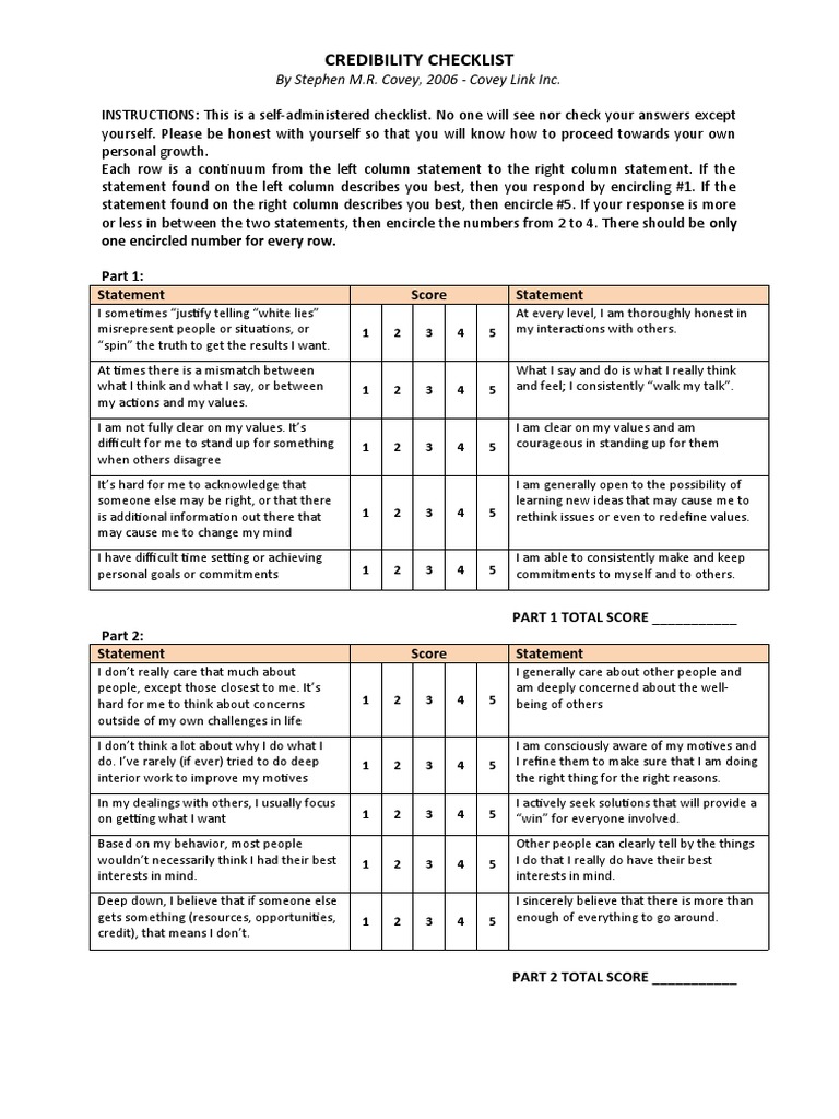 Credibility Checklist: One Encircled Number For Every Row. Statement ...