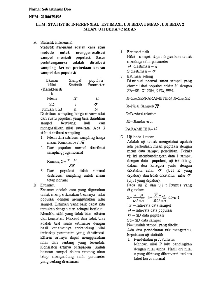 Nama: Sebastianus Doo NPM: 2106679495 LTM: Statistik Inferensial ...
