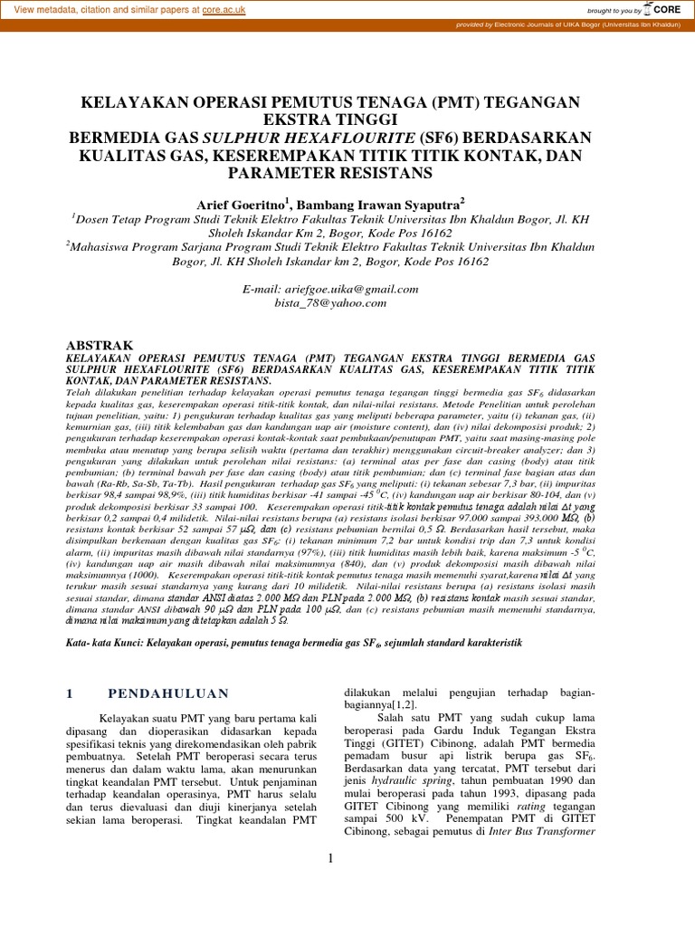 Kelayakan Operasi Pemutus Tenaga (PMT) Tegangan - Ekstra Tinggi - Bermedia Gas Sulphur ...