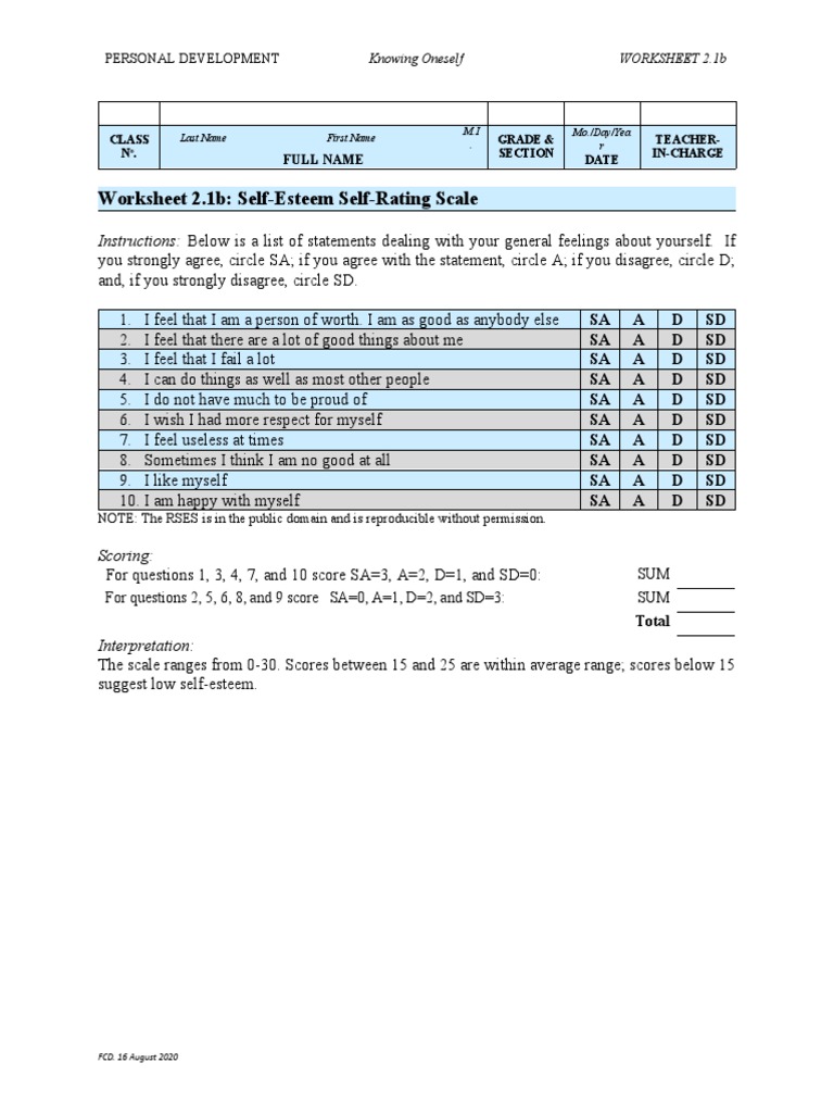 Self Esteem Self Rating Scale Offline Version 1 | PDF | Self Esteem ...