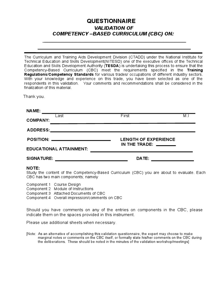 Questionnaire: Validation of Competency - Based Curriculum (CBC) On ...