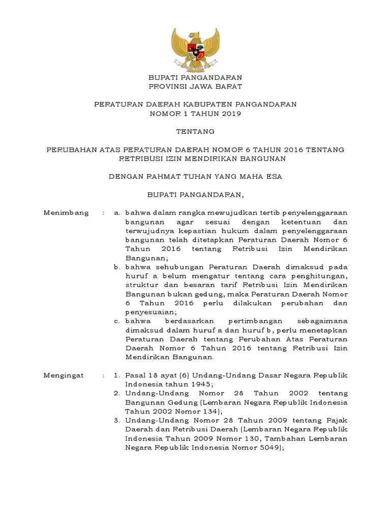 Perda No 1 Tahun 2019 Perubahan Atas Perda No 6 Tahun 2016 IMB | PDF