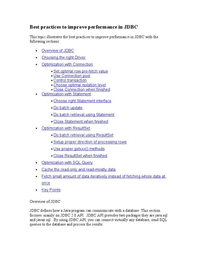 Best Practices To Improve Performance in JDBC | PDF | Databases | Database Transaction