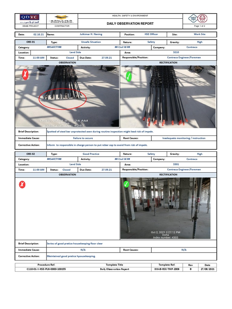 Daily Observation Report: Health, Safety & Environment | PDF ...