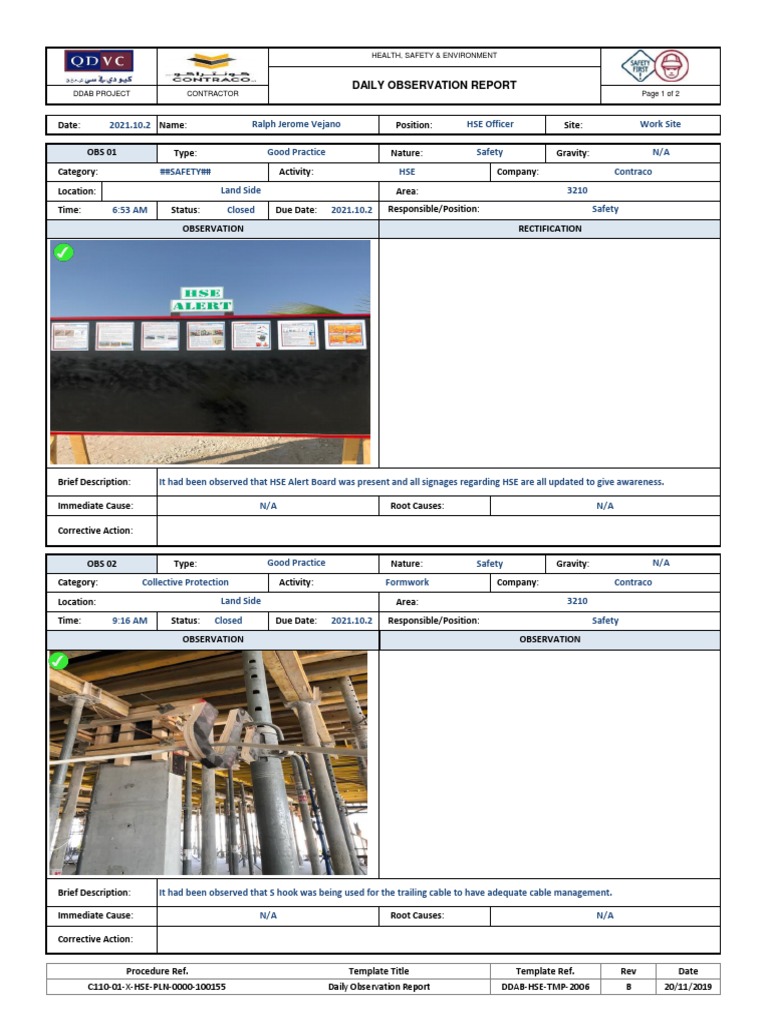Daily Observation Report: Health, Safety & Environment | PDF | Safety ...