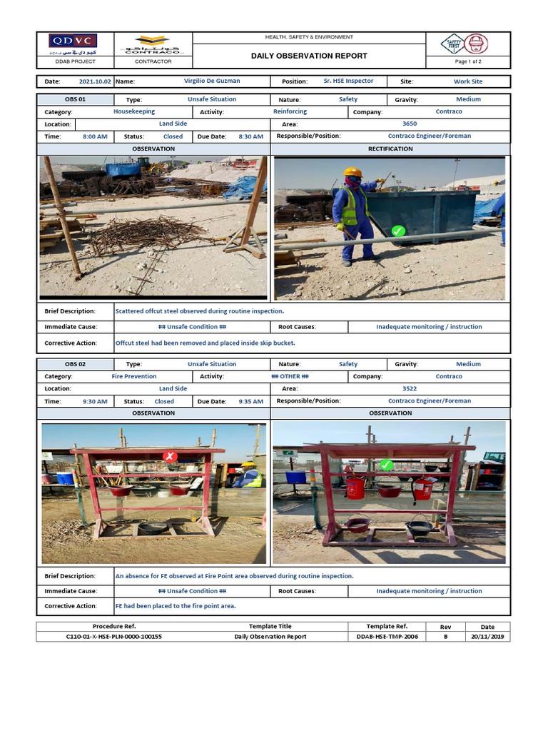 Daily Safety Observation Report | PDF | Safety | Occupational Safety ...