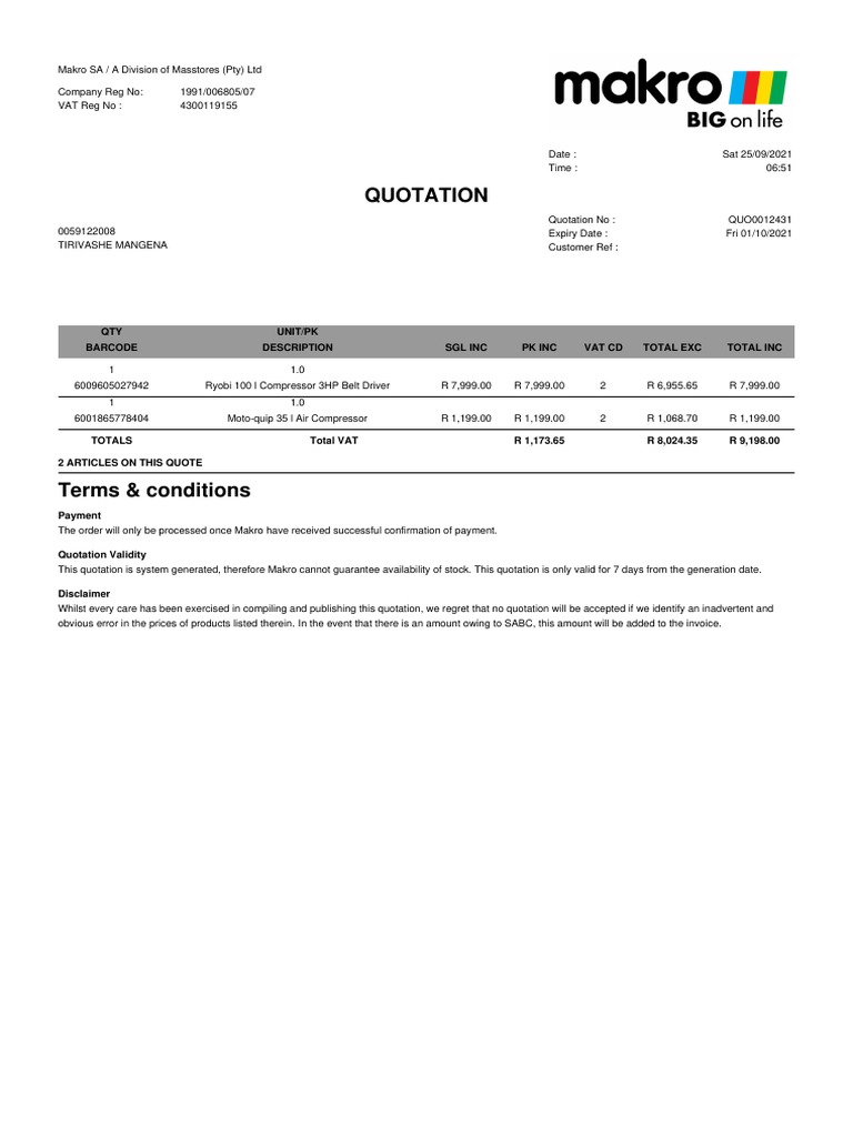 Quotation: QTY Unit/Pk Barcode Description SGL Inc PK Inc Vat CD Total ...
