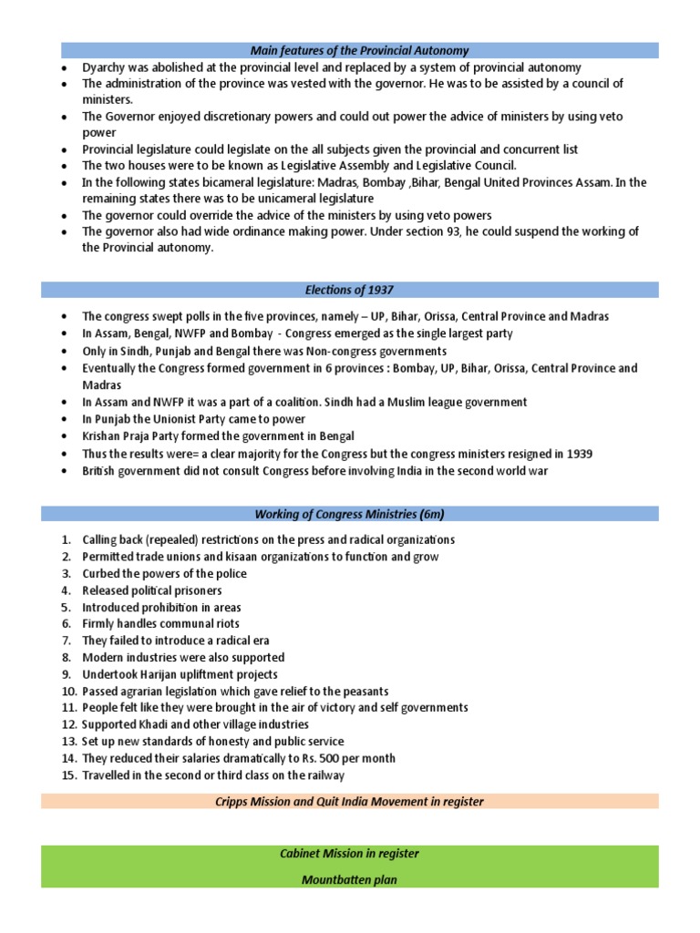 Main Features of The Provincial Autonomy | PDF | Partition Of India ...
