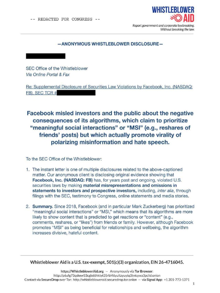 SEC FB WB - Redacted - Algorithms PDF | PDF | Facebook | Whistleblower