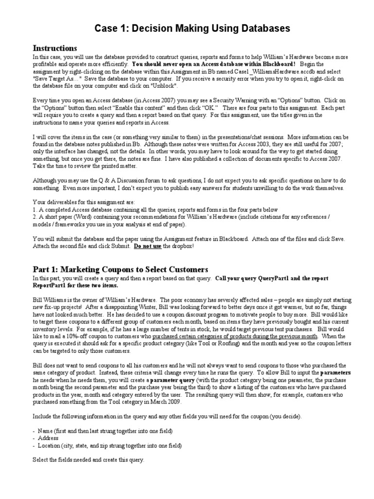 Case 1: Decision Making Using Databases: Instructions | PDF | Databases ...