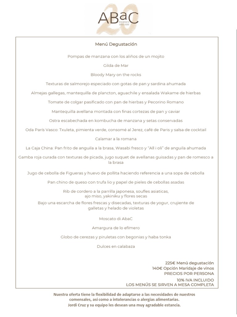 ESP Carta ABaC Restaurant | PDF | Comida y bebida | Cocinando