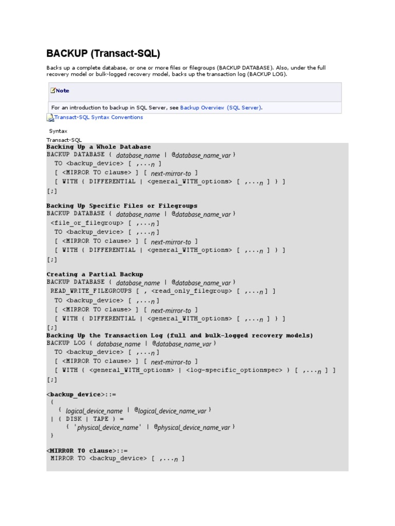 Backup Transact Sql Backing Up A Whole Database Pdf Backup Databases