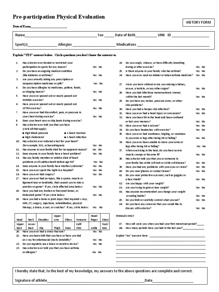 Pre-participation Physical Evaluation HISTORY and PHYSICAL EXAM Forms ...