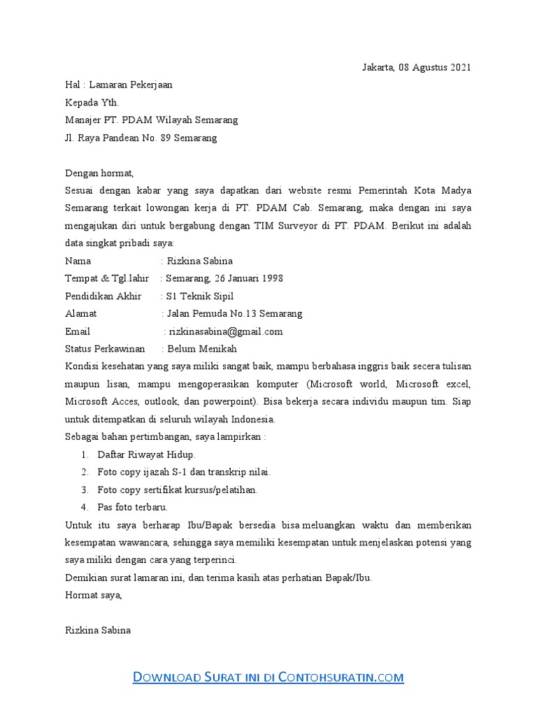 154 - Contoh Surat Lamaran Kerja BUMN PDAM | PDF