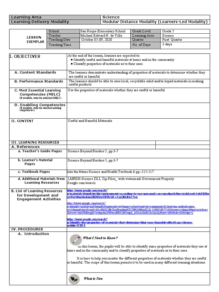 I. Objectives: Learning Area Science Learning Delivery Modality Modular ...