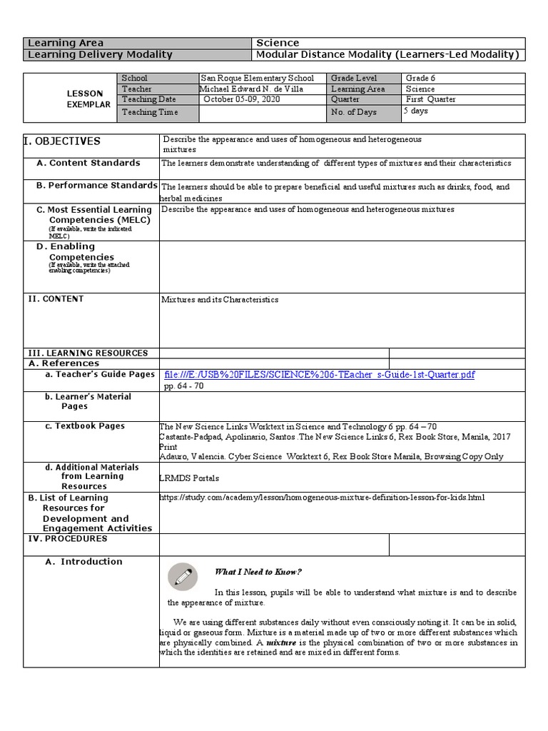 I. Objectives: Learning Area Science Learning Delivery Modality Modular ...