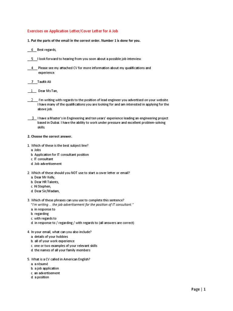 Exercises On Aplication Letter | PDF