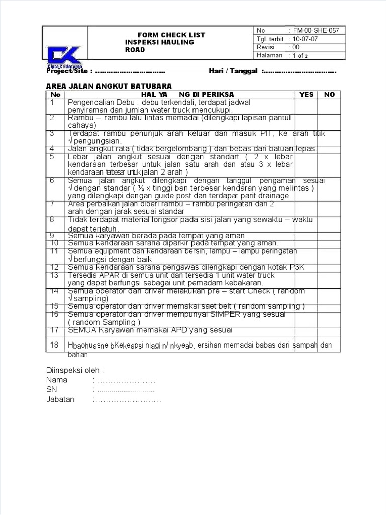 Inspeksi Hauling Road | PDF