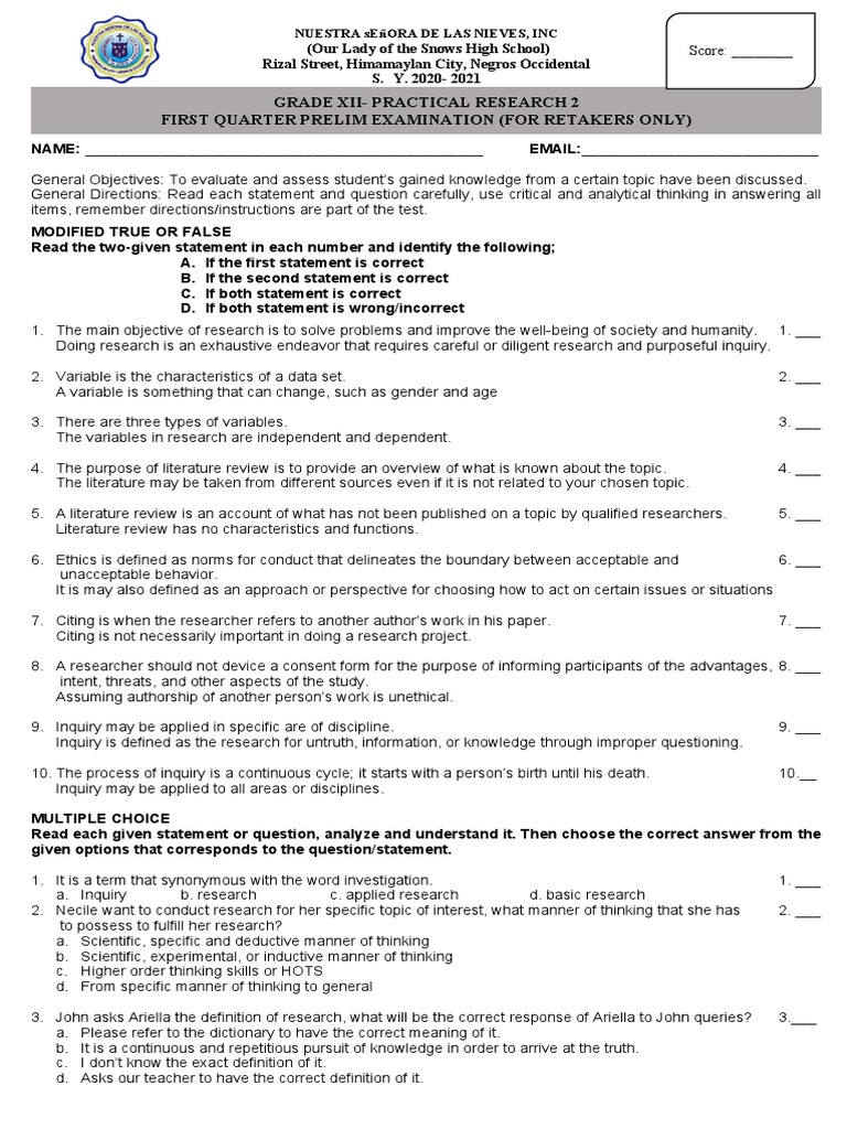 Grade Xii-Practical Research 2 First Quarter Prelim Examination (For ...