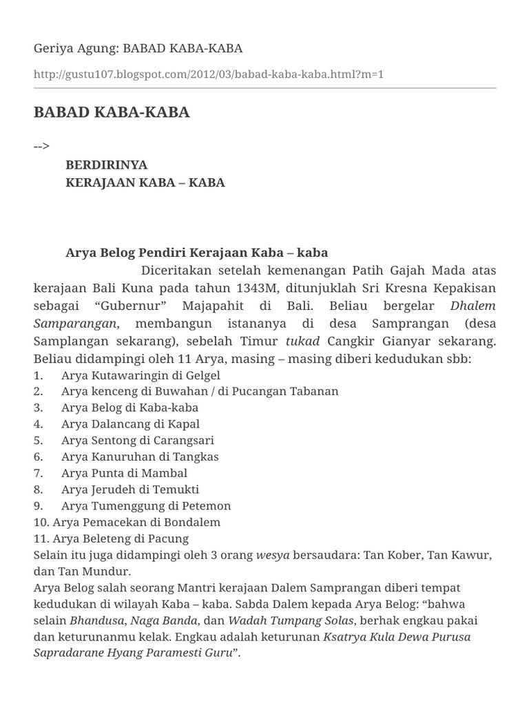 Geriya Agung BABAD KABA-KABA | PDF