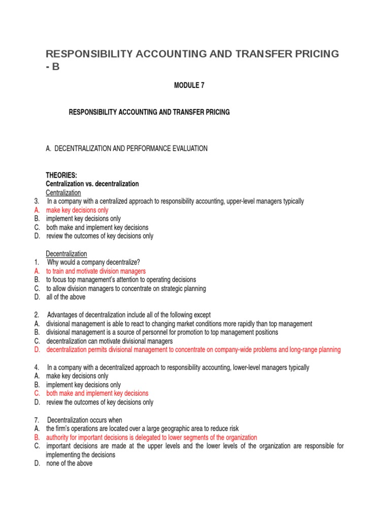 Decentralized Responsibility Accounting: Evaluating Manager Performance ...