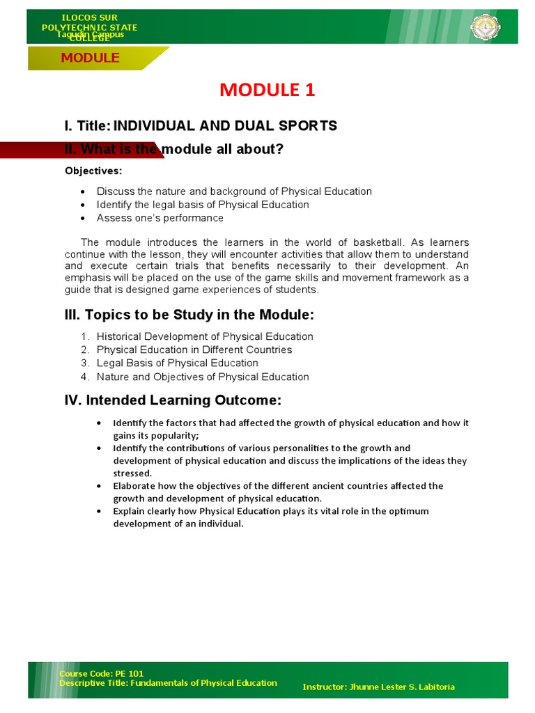 I. Title: Individual and Dual Sports II. What Is The Module All About ...