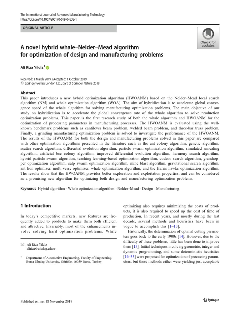 A Novel Hybrid Whale - Nelder-Mead Algorithm For Optimization of Design and Manufacturing ...