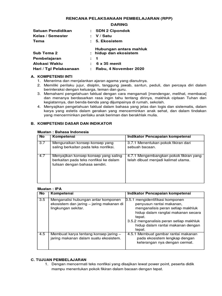 RPP PJBL Tema 5 Subtema 2 PB 1 | PDF